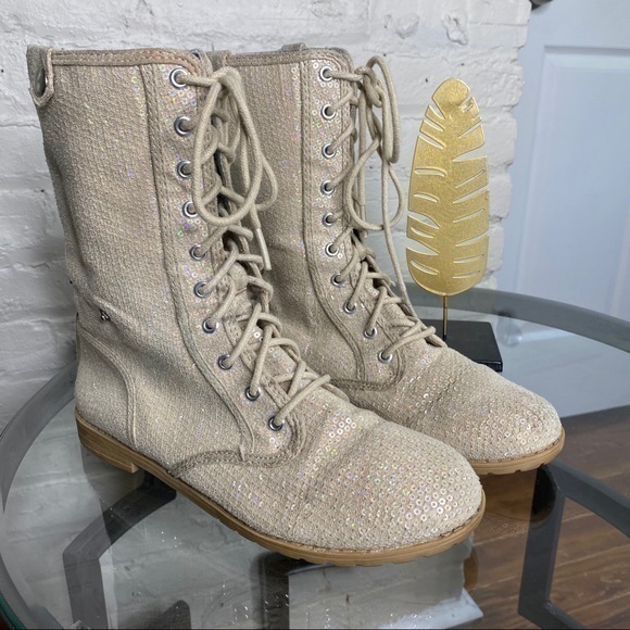 Justice | Shoes | Justice Beige Sequin Foldover Combat Boots 7 | Poshmark